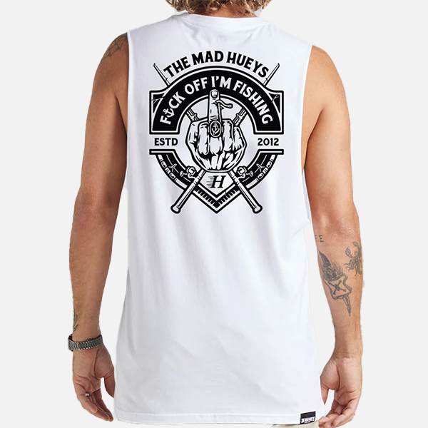 The Mad Huey's FK Off I'm Fishing Muscle - White | Propaganda Streetwear & Skate – Propaganda ...